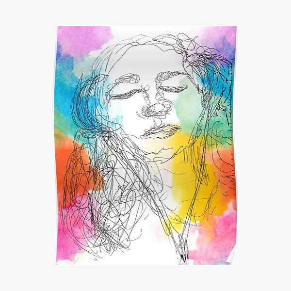 "Music Lover/Continuous Line Contour Drawing With Watercolor " Poster ...