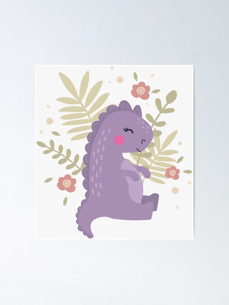 "Cute little dinosaur, flowers and leaves" Poster for Sale by ...