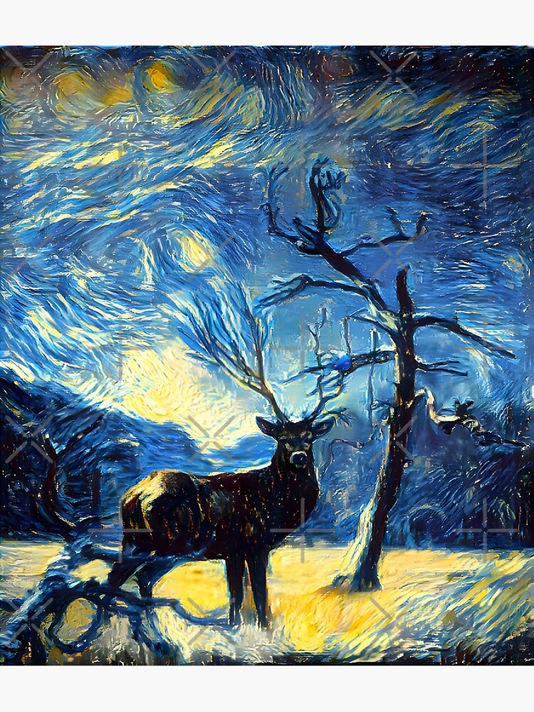 "Deer Van Gogh Impasto Painting, Starry Night Style Art Print, Wildlife ...