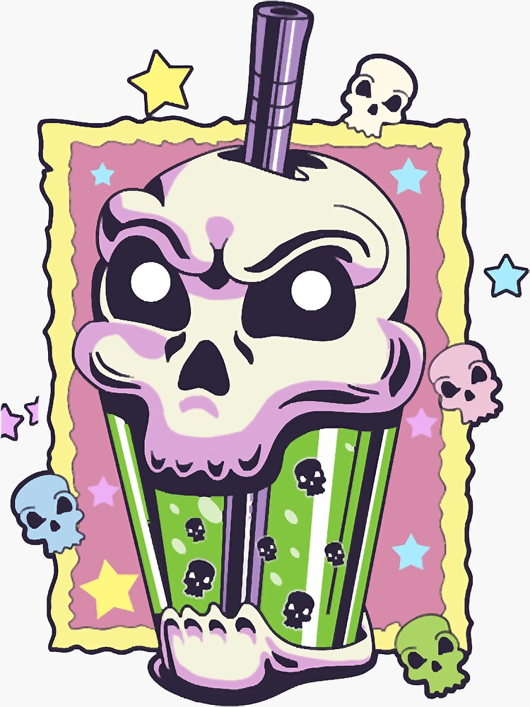 "Kawaii Creepy Skull Boba Bubble Tea Pastel Goth Va" Sticker by ...