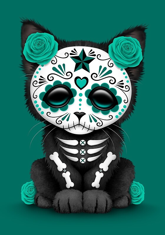 "Cute Teal Blue Day of the Dead Kitten Cat" by jeff bartels | Redbubble