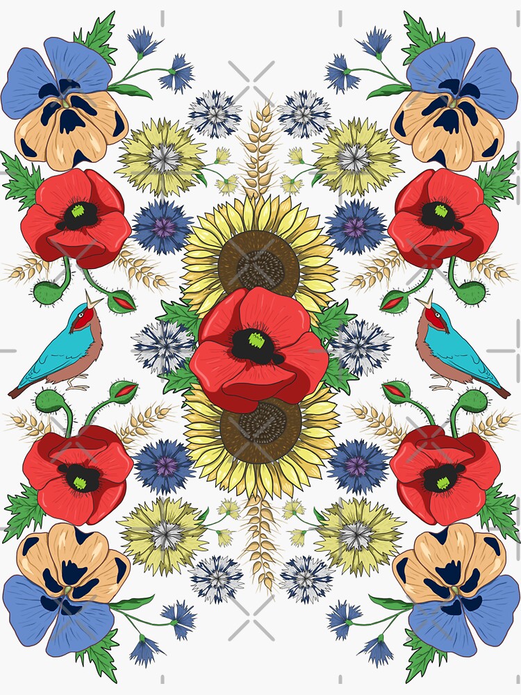 "Ukraine Birds & Red Poppies Cute Floral Ukrainian Vyshyvanka" Sticker ...