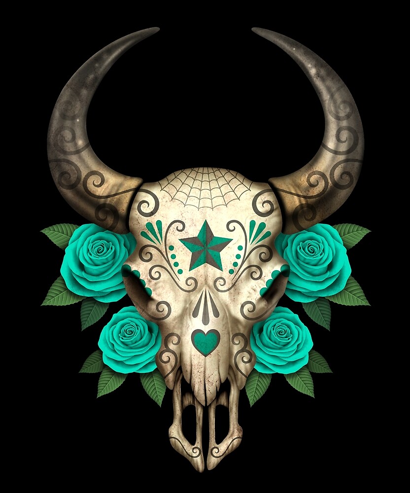 "Bull Sugar Skull with Teal Blue Roses" by jeff bartels | Redbubble