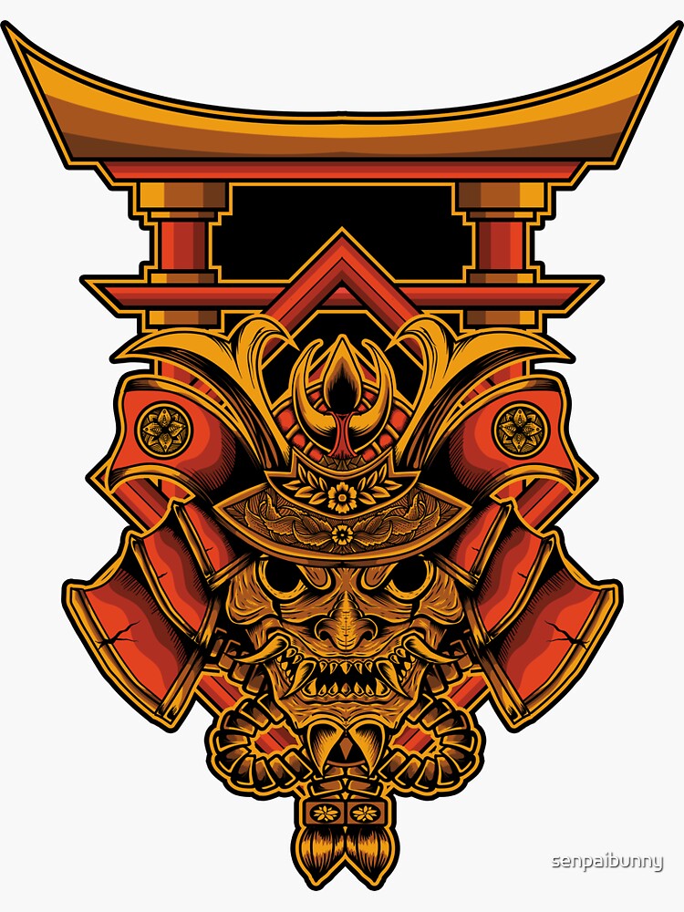 "Samurai Oni Mask and Tori Gate" Sticker by senpaibunny | Redbubble