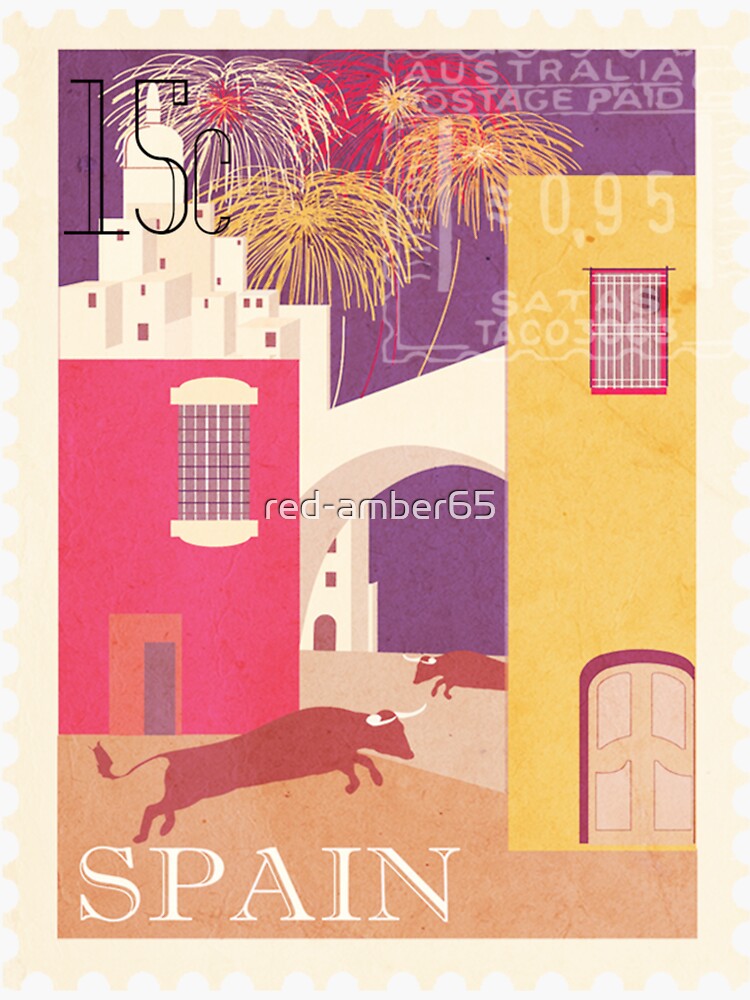 "Spain Bull Run Travel Vintage Postage Stamp" Sticker by red-amber65 ...