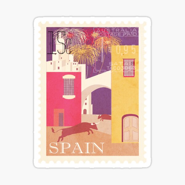 "Spain Bull Run Travel Vintage Postage Stamp" Sticker by red-amber65 ...