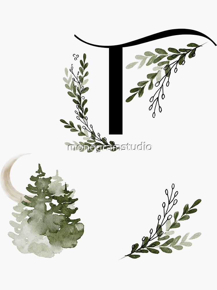 "Monogram T - Alphabet Letter decorated forest elements." Sticker by ...