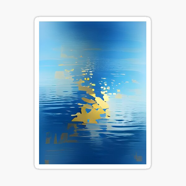 "title: calm minimalist poster art blue and gold" Sticker by ...