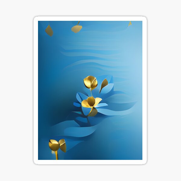 "title: calm minimalist poster art blue and gold flowers" Sticker by ...