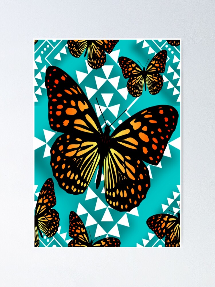 "Light Turquoise / White / Fire Color Native Butterfly Design " Poster ...
