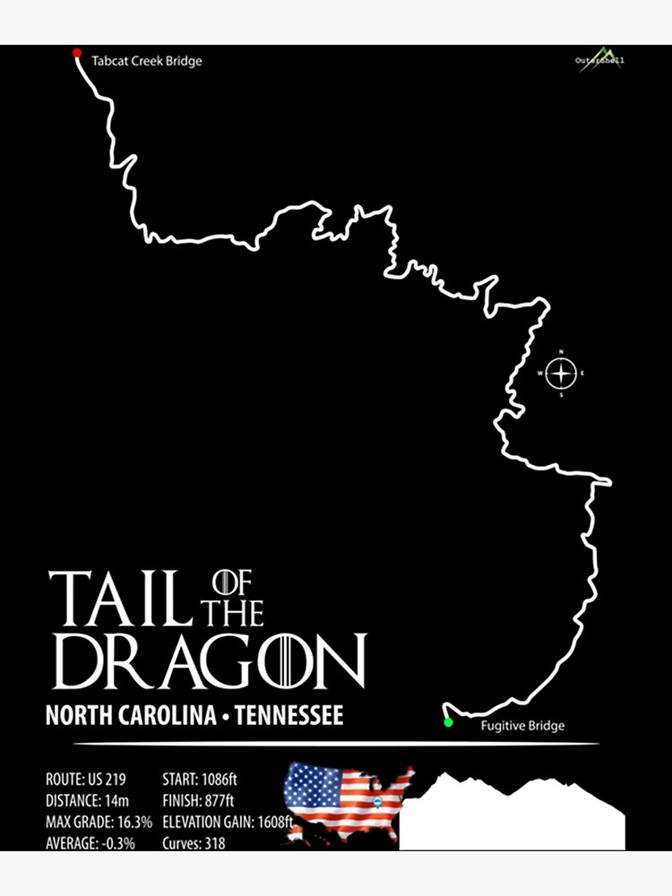 "Tail of the Dragon Road US 129 Motorcycle Sports Car Trail Map Art ...