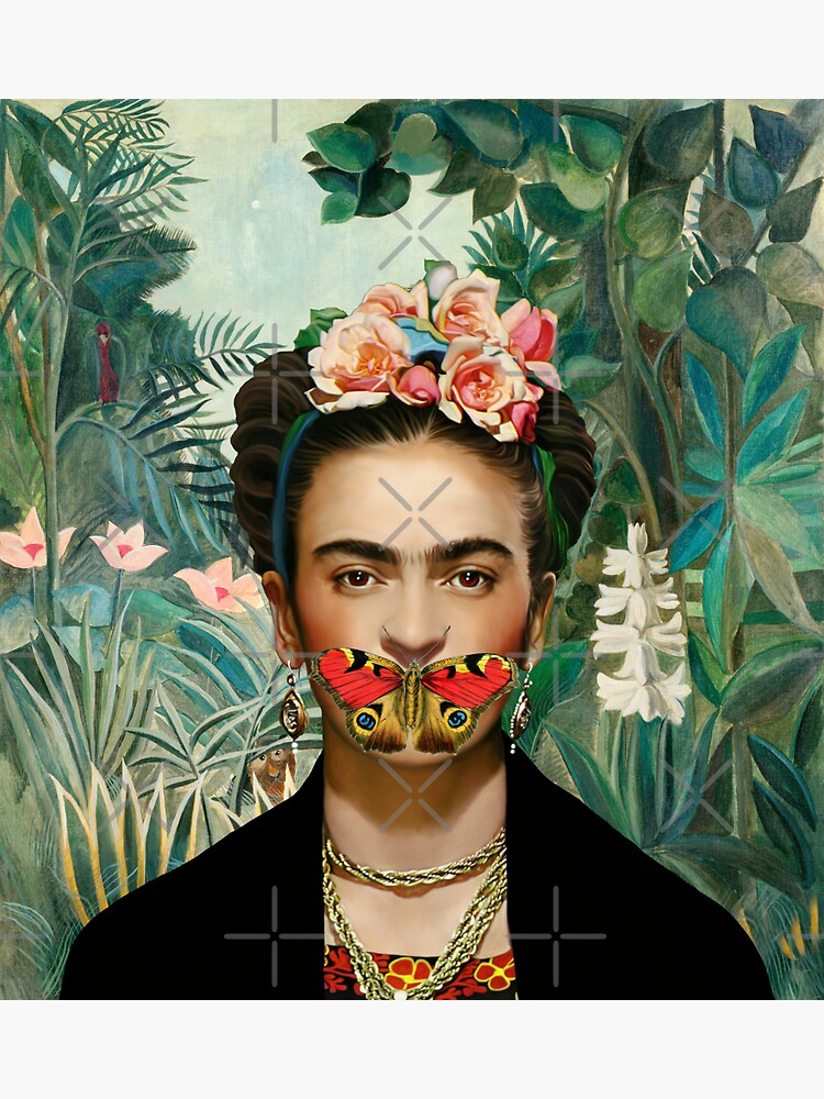 Pegatina «Frida Kahlo Mariposa Sobre Su Boca Fondo Tropical» de ...