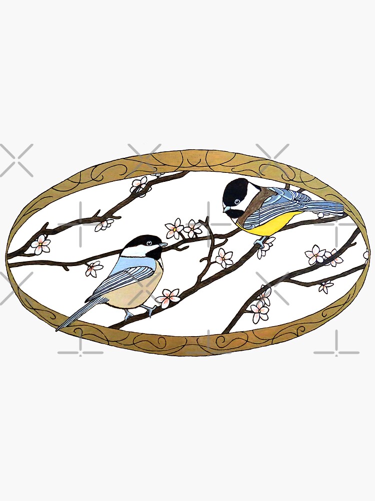 "Chickadee Birds on Flowering Cherry Blossom Tree, Art Nouveau inspired ...