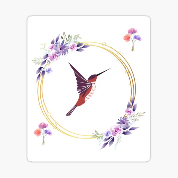 "Red and Violet Hummingbird in Round Frame with flowers" Sticker for ...