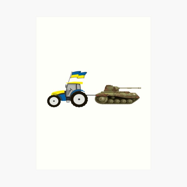 "Ukrainischer Traktor, der einen russischen Panzer zieht Ukraine-Flagge ...