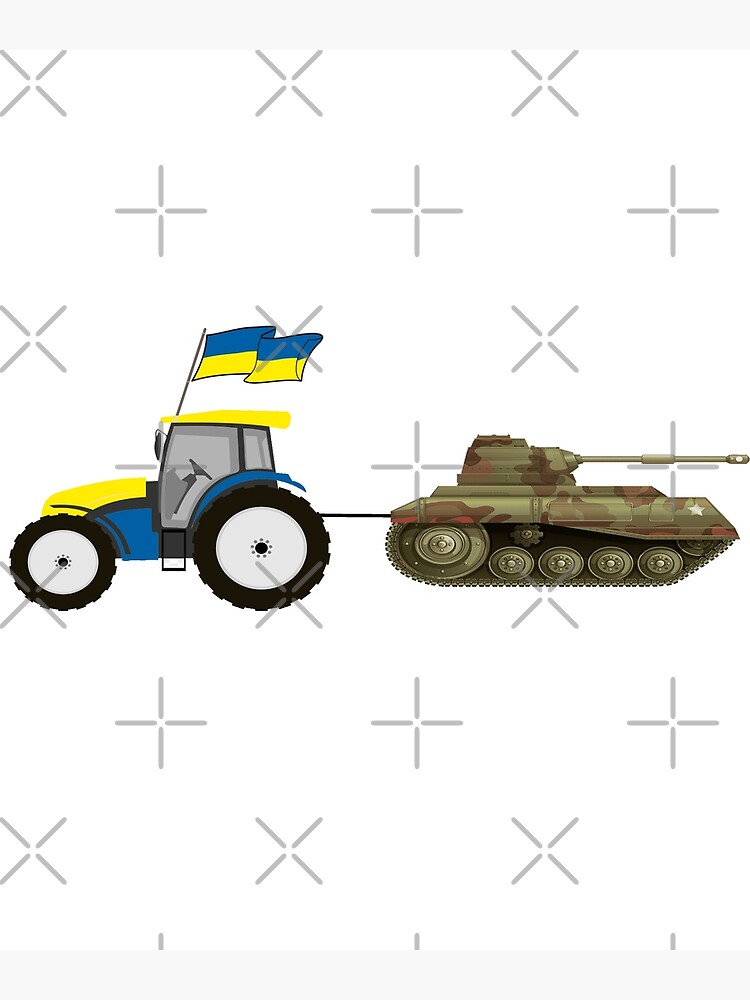 "Ukrainischer Traktor, der einen russischen Panzer zieht Ukraine-Flagge ...