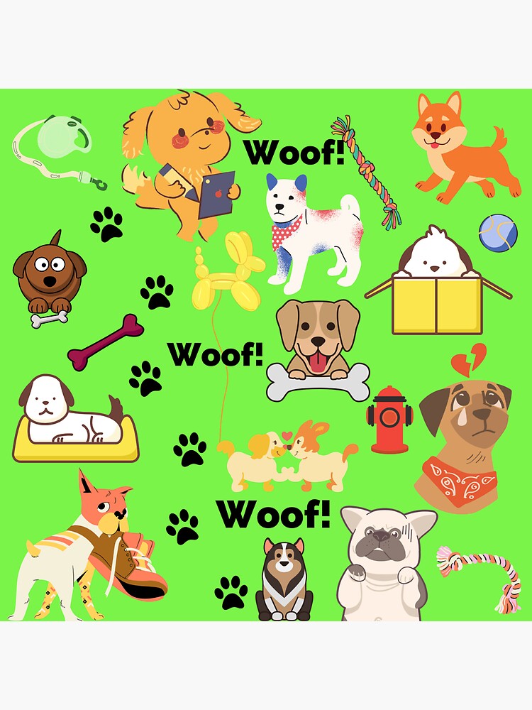 "Woof! Cartoon Dogs being dogs, on a bright green background" Sticker ...