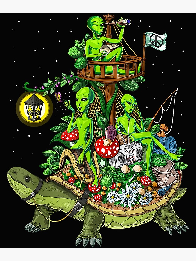 "Space Aliens Hippie Riding Turtle Psychedelic UFO Cosmic " Poster by ...