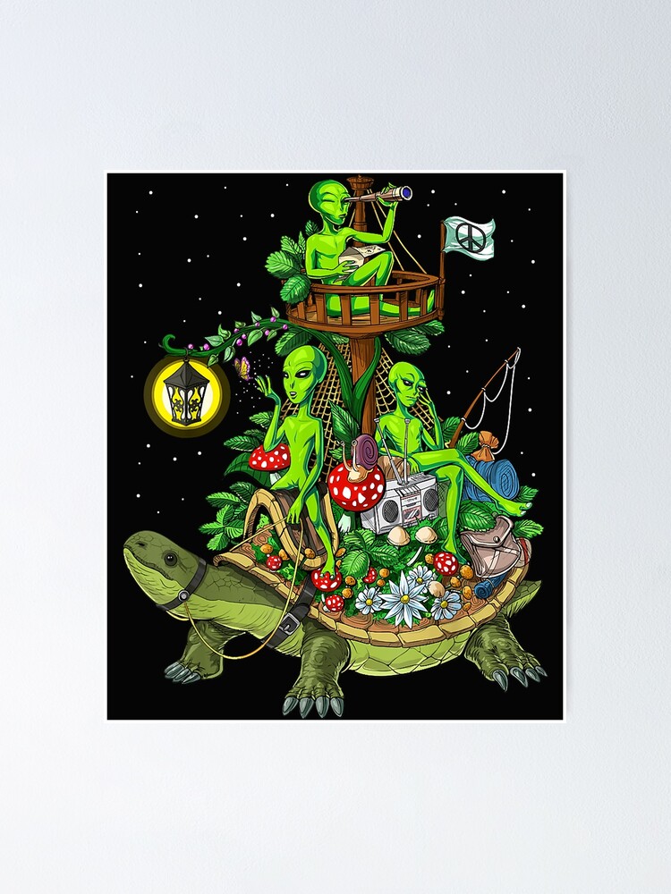 "Space Aliens Hippie Riding Turtle Psychedelic UFO Cosmic " Poster by ...