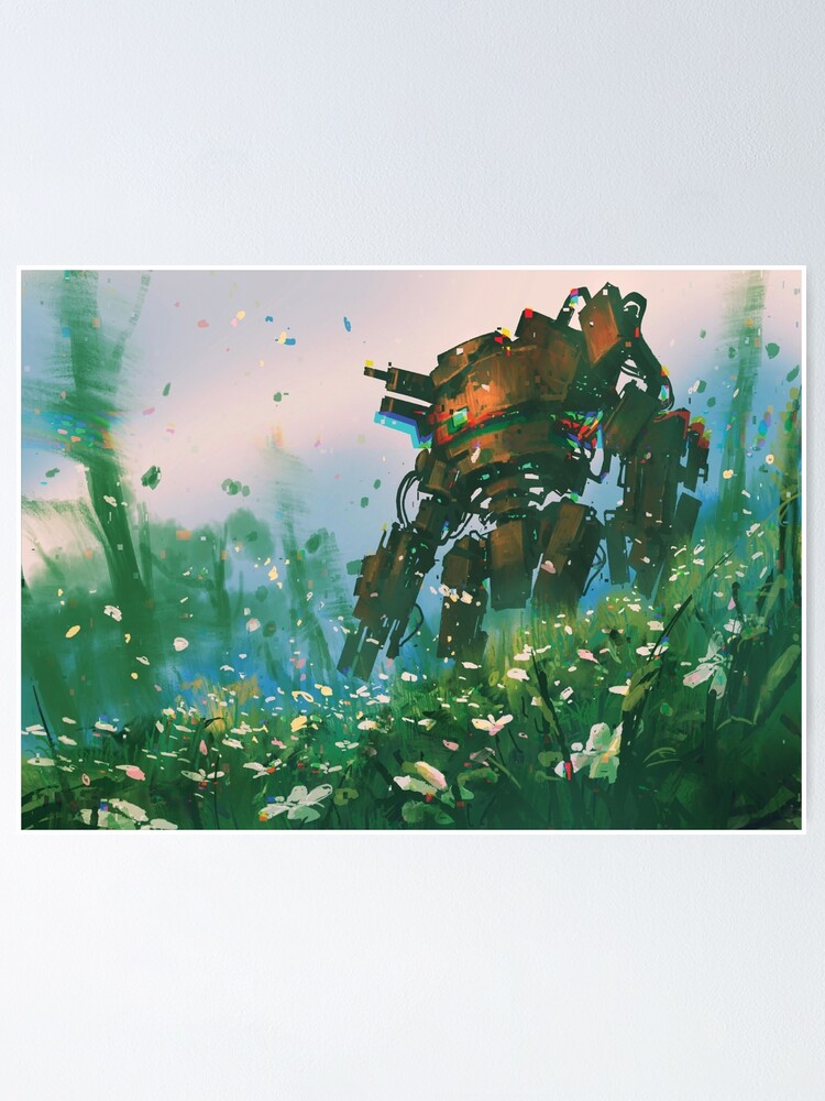 "Ancient Robot Standing Field Flowers by Ian Fantasy" Poster by Ian ...