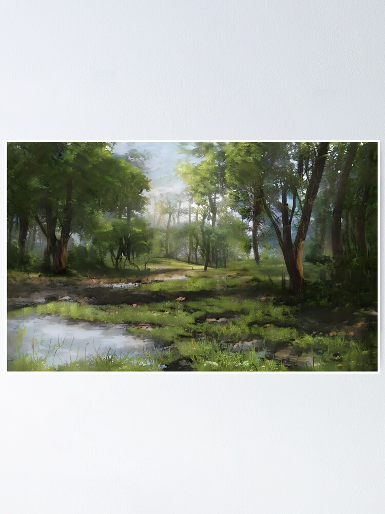 "a painting of a wooded scene with grass, water and trees" Poster for ...