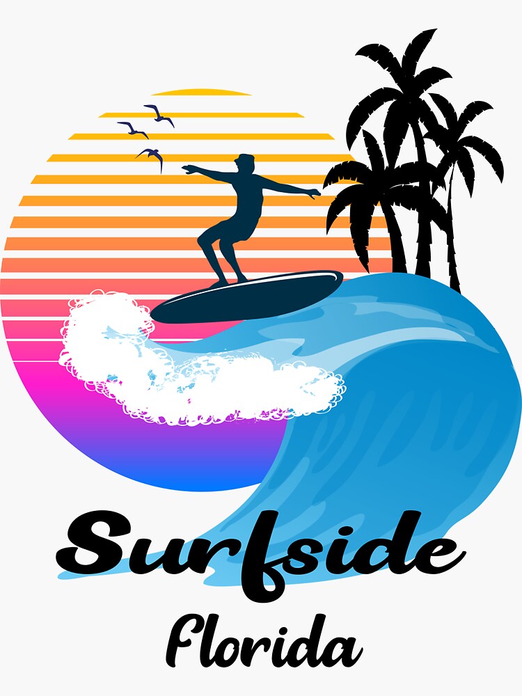 "Surfside Florida Seaside Retro Sunset" Sticker by mountainadora ...
