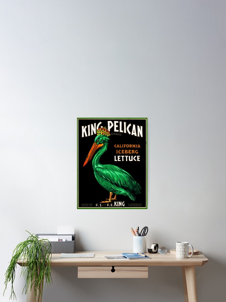 "King Pelican green brand California Iceberg Lettuce vintage label ...