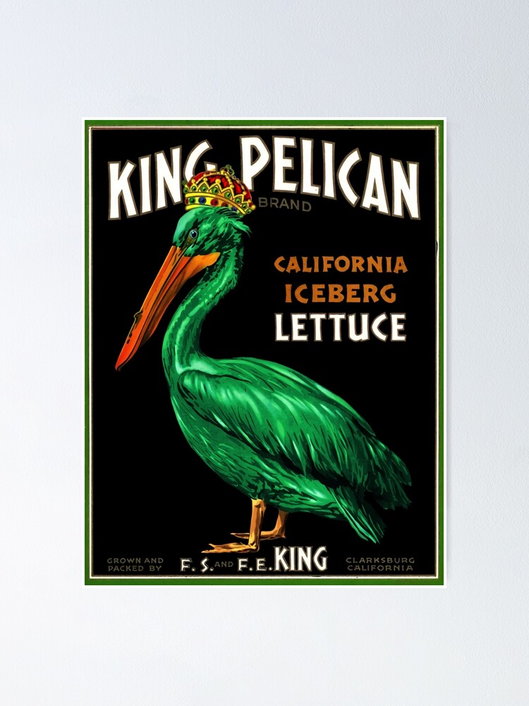 "King Pelican green brand California Iceberg Lettuce vintage label ...