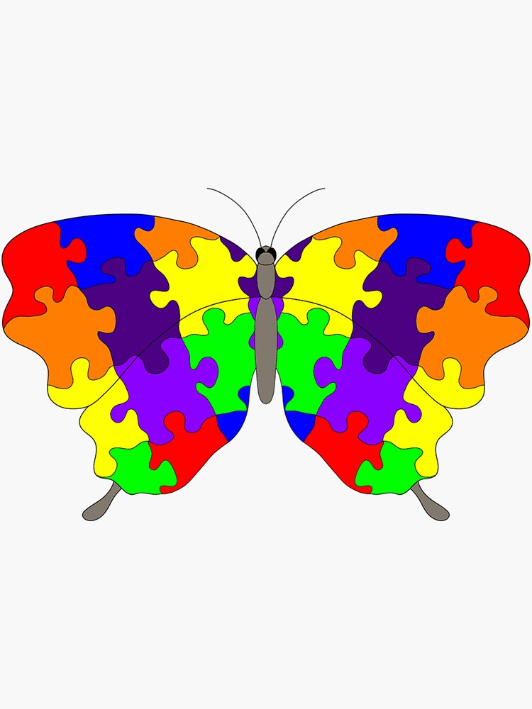 "Autism Butterfly Pieces Of The Puzzle Colorful Cartoon" Sticker for ...