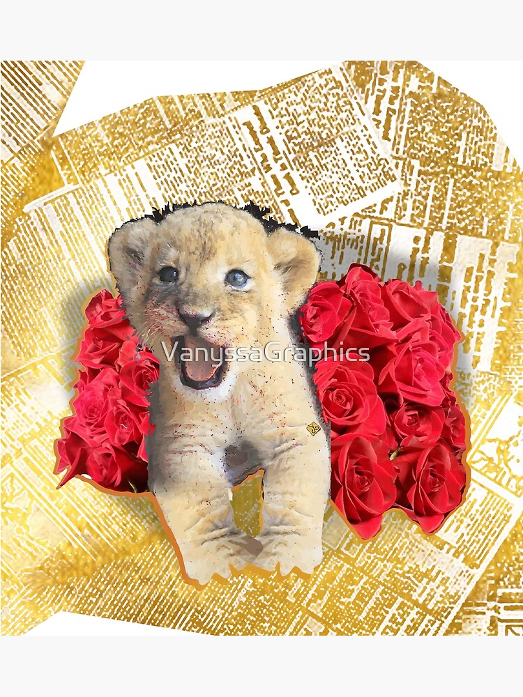 Lámina fotográfica «Bebé león y rosas rojas en papel periódico (por ...