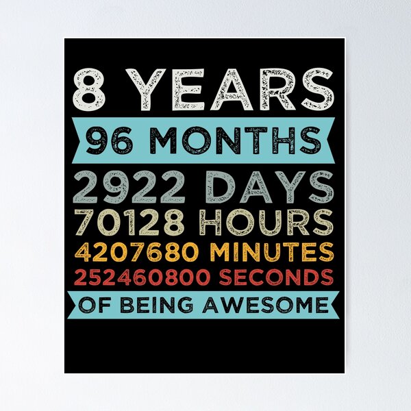 "Cute Kids 8th Birthday 8 Years Old Vintage Retro 96 Months Boys And ...