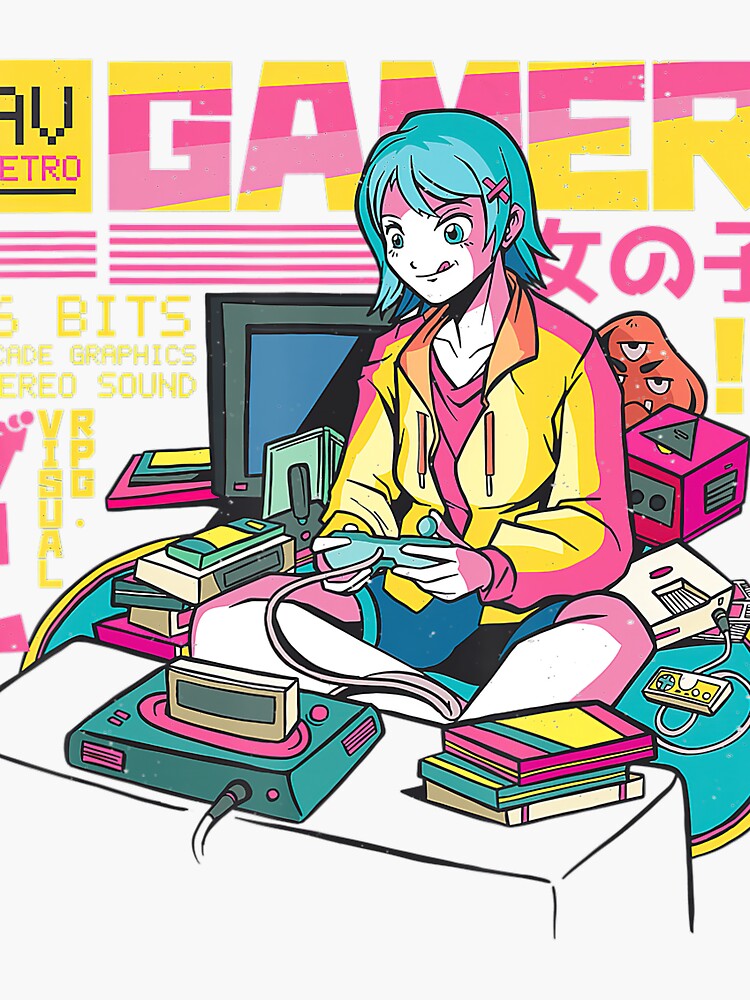 "Vintage Retro Japanese Anime Girl Gamer 90's Aesthetic Gift" Sticker ...