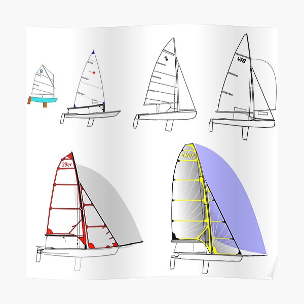 "Optimist, Laser, 420, 470, 29er, 49er sailboats" Poster for Sale by ...