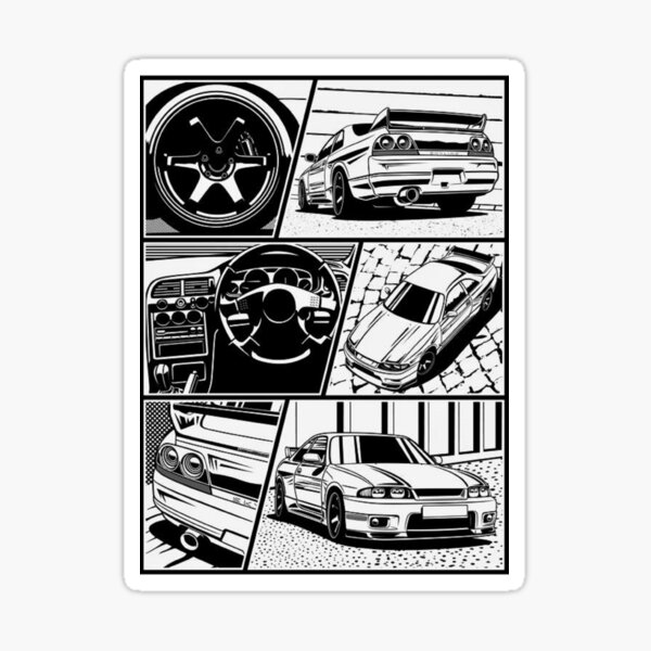 "Nissan Skyline GTR R33 Black And White Collage" Sticker by nikopashko ...