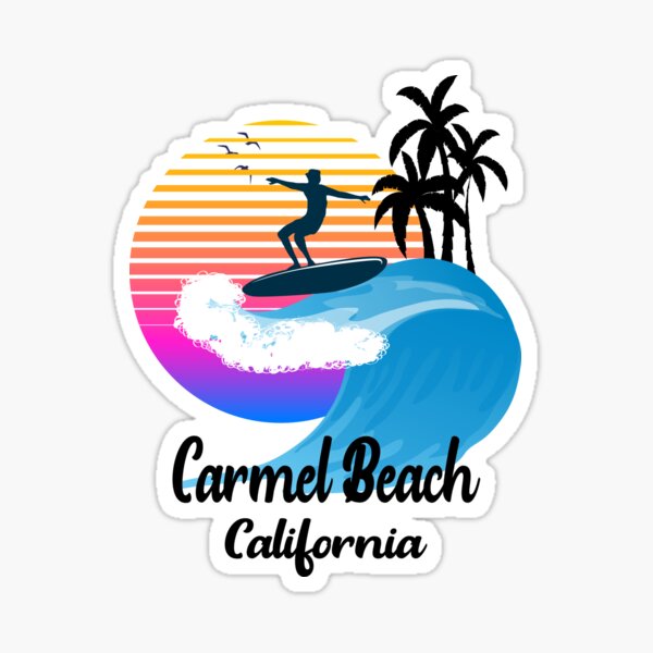 "Carmel Beach California Seaside Retro Sunset" Sticker by mountainadora ...