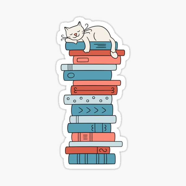 "Cat sleeping on stack of books" Sticker for Sale by TheBrightStore ...