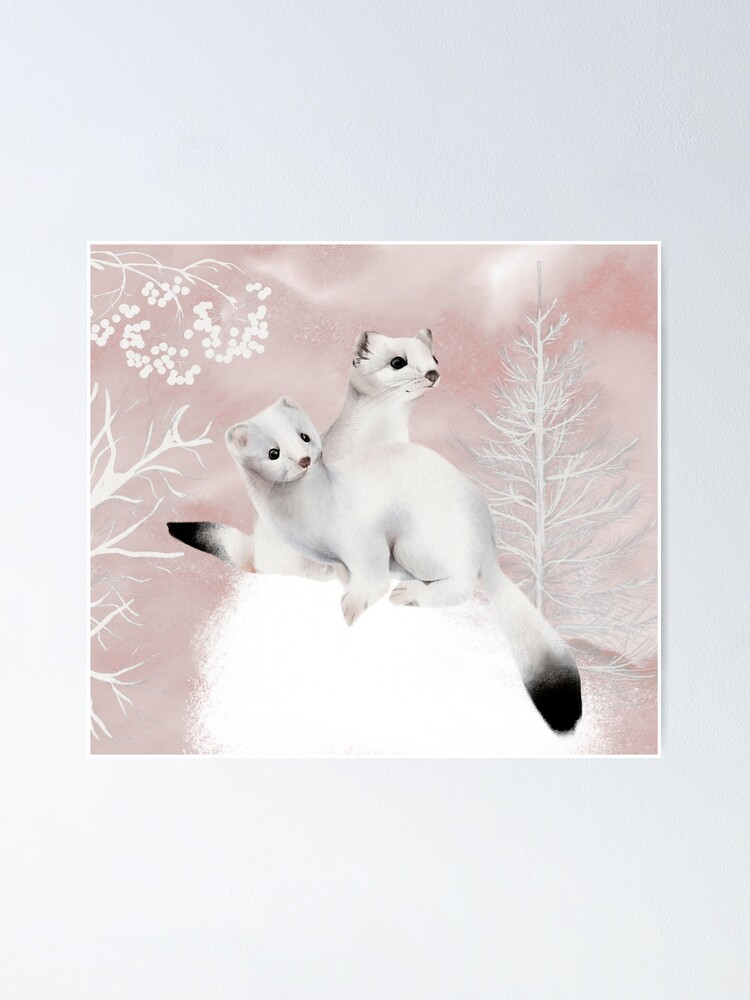 "Cute Weasels in a White and Pastel Pink Winter Paradise" Poster for ...