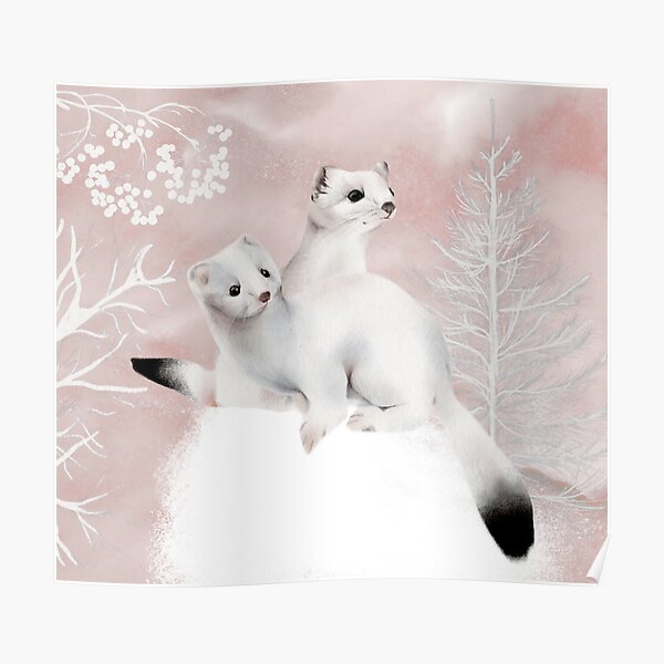 "Cute Weasels in a White and Pastel Pink Winter Paradise" Poster for ...