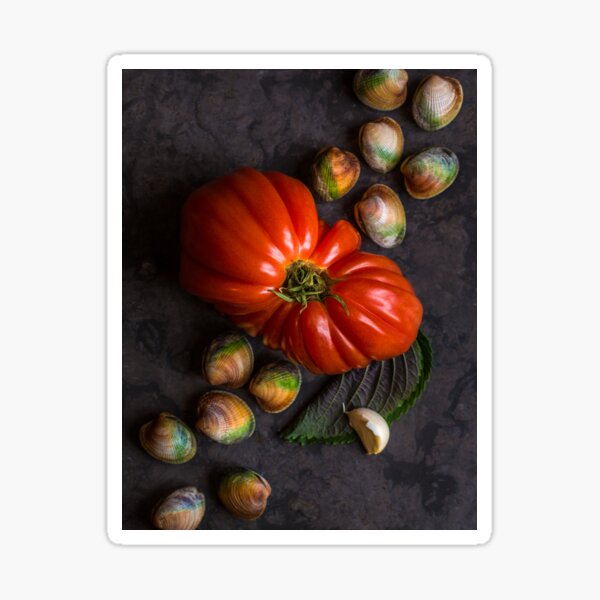 "Still life with clams, perilla, garlic and a sumo tomato" Sticker for ...