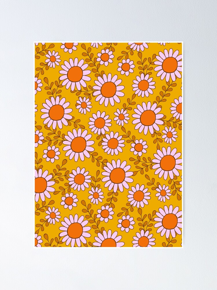 "Retro 70s daisy flowers botanical pattern in orange and pink" Poster ...