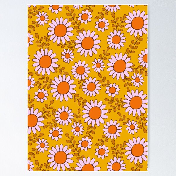"Retro 70s daisy flowers botanical pattern in orange and pink" Poster ...