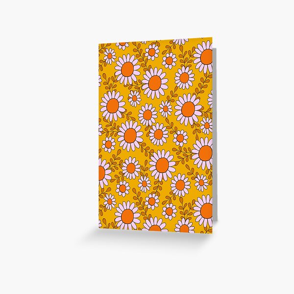 "Retro 70s daisy flowers botanical pattern in orange and pink" Greeting ...