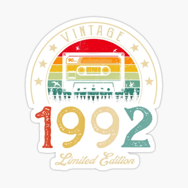 "Vintage 1992 Retro Cassette 1992 30Th Birthday 30 Years Old" Sticker ...