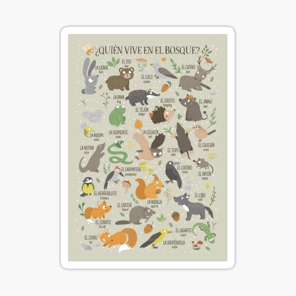 "Spanish Language Illustration for Kids - Woodland Animals" Sticker for ...