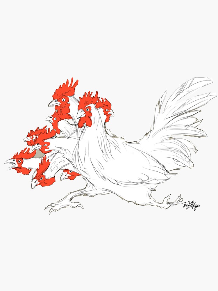 "chicken, nine, heads, barnyard ,comical, whimsical, animal " Sticker ...