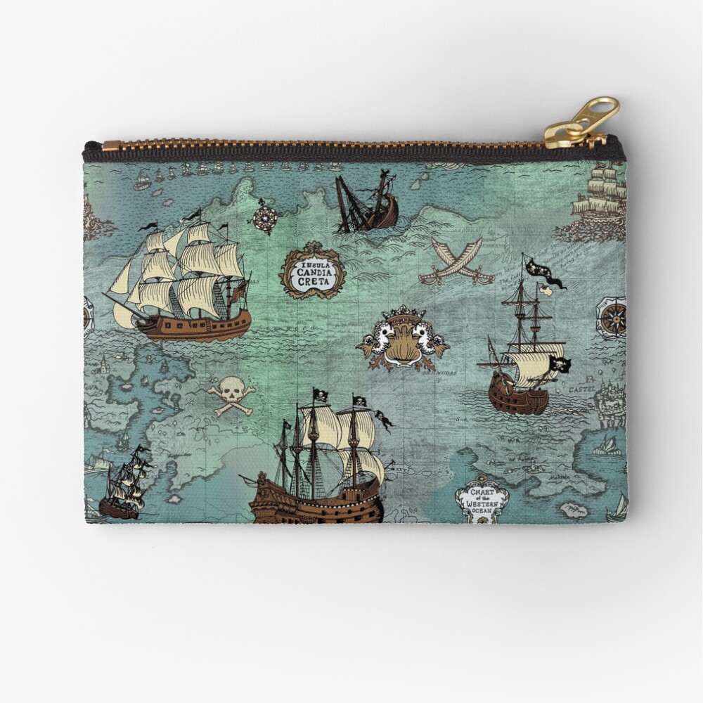 "Pirate Map Nautical Sea Print Ocean Blue & Sea Glass Green" Zipper ...
