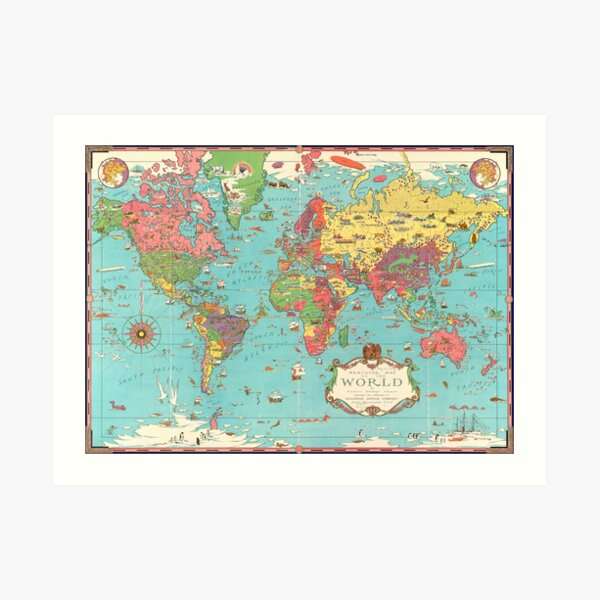 "Vintage Map of the World (1931). Mercator Projection. HQ Pictorial Map ...