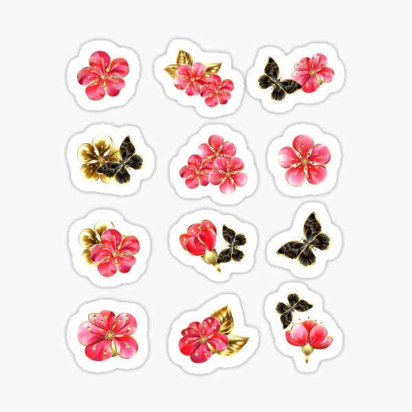 "Gilded Red Sakura Metal Jewel Flowers and Dainty Black Butterflies ...