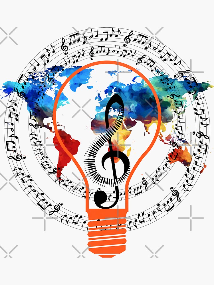 "Music world musical notes music bulb musician" Sticker by ARTLYH ...