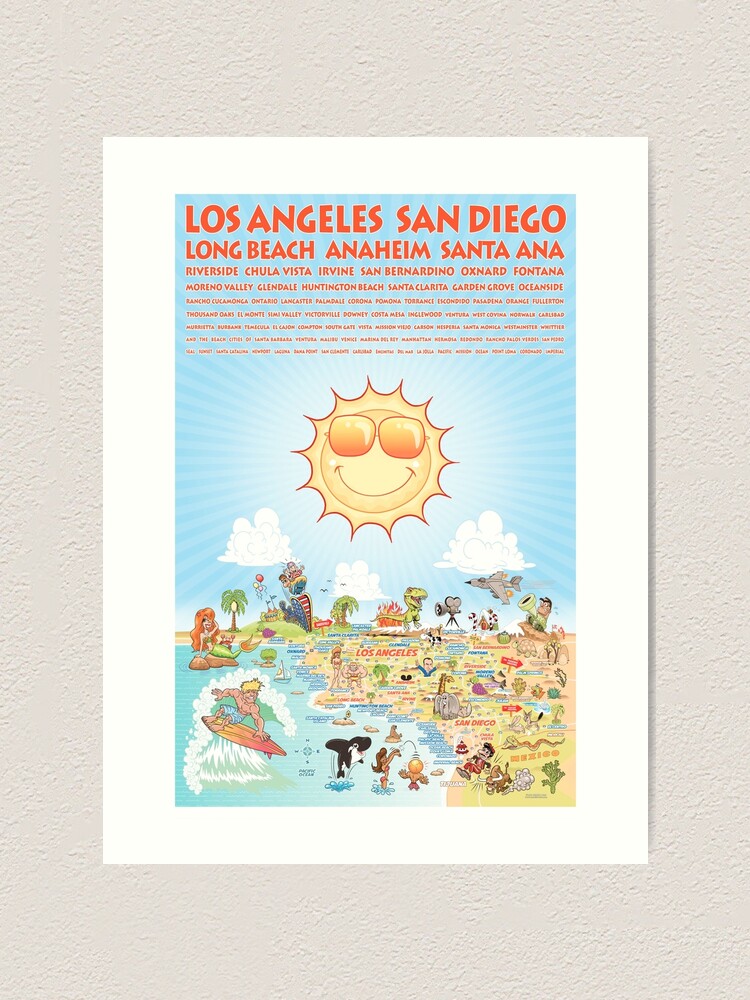 "Cartoon Map of Southern California with List of Cities" Art Print for ...